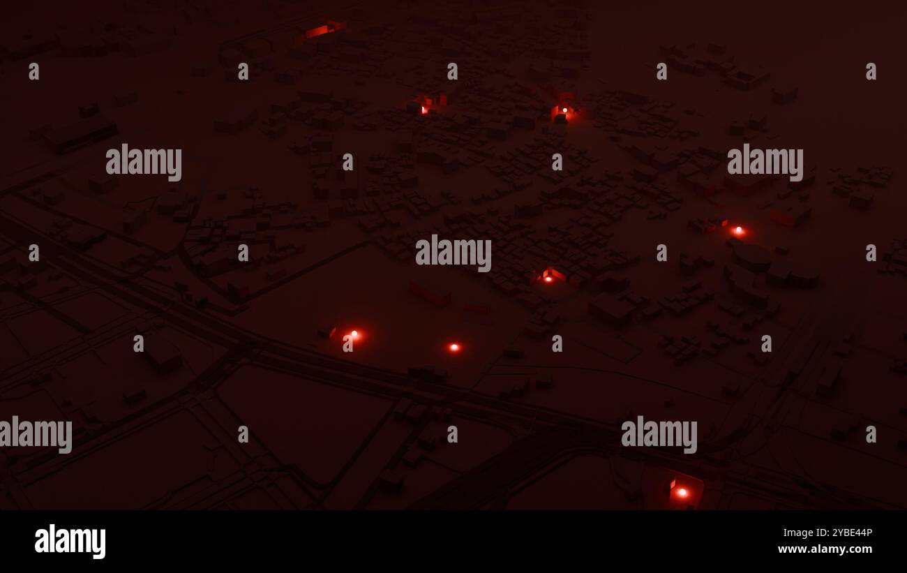 Hot spots on a schematic map of a city, or the location of people, 3d ...