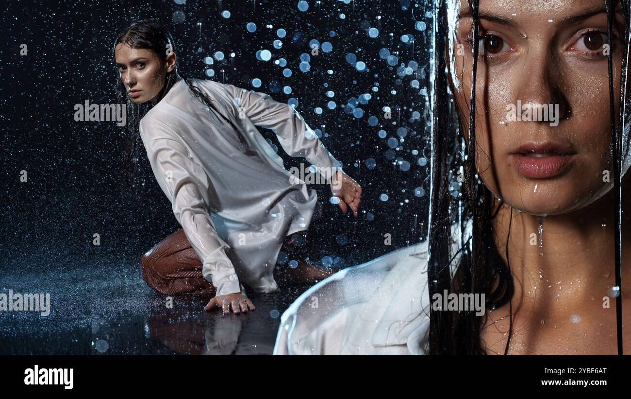 collage, young woman in the rain, getting wet through, wet clothes and water running down her ...