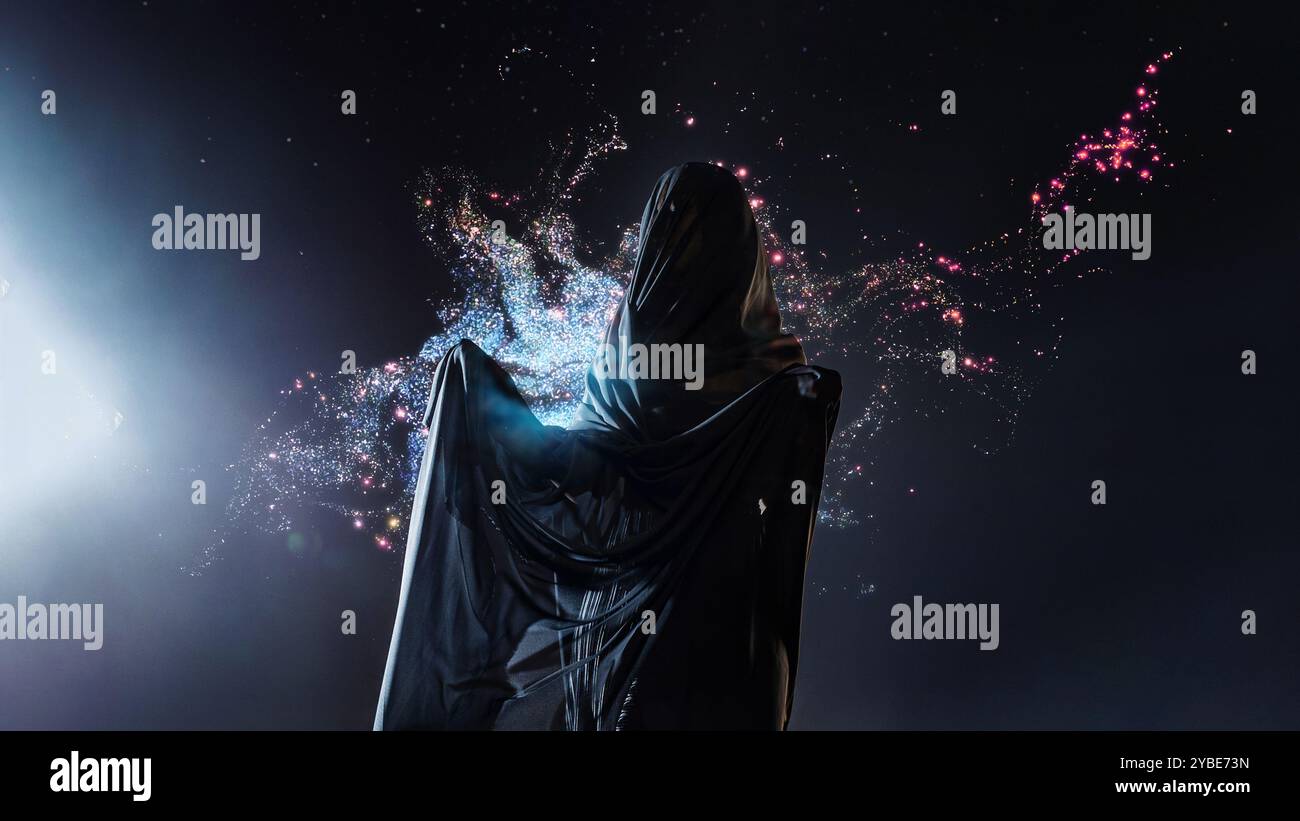 woman in a black veil against a starry sky, a mystical priestess of a ...