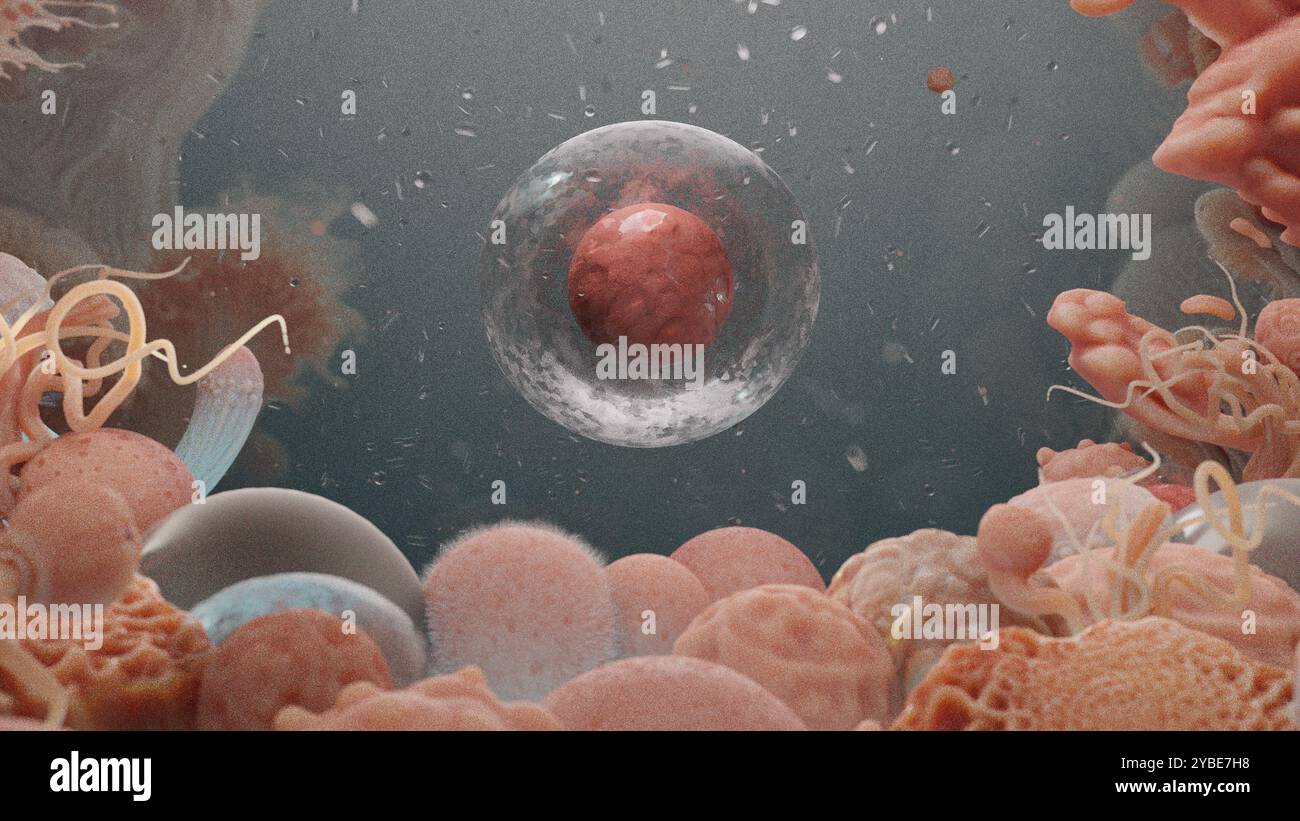 A living cell with a pulsating nucleus in a surreal microcosm, a ...