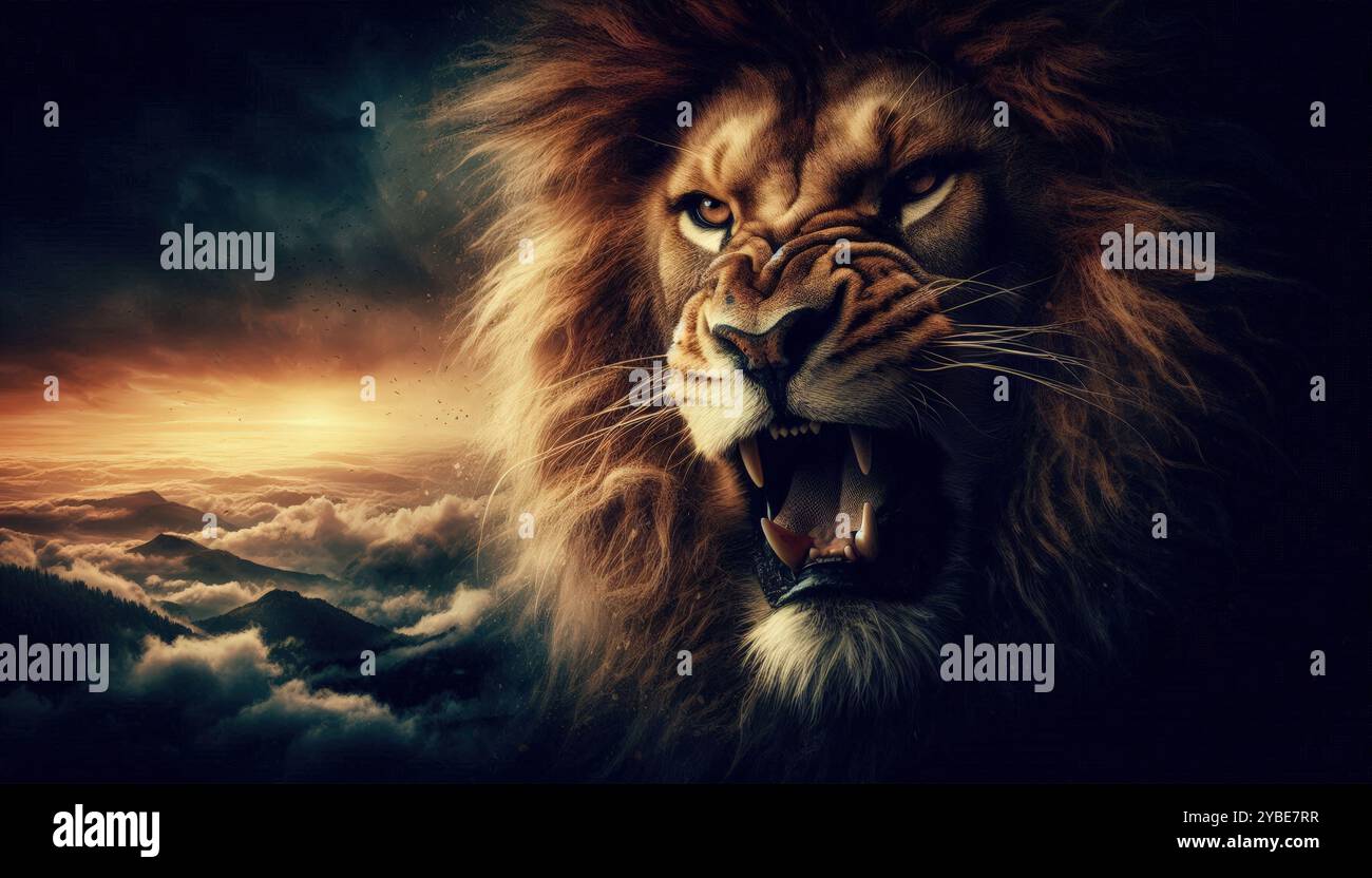 A majestic lion with a fierce expression, roaring against a dramatic ...