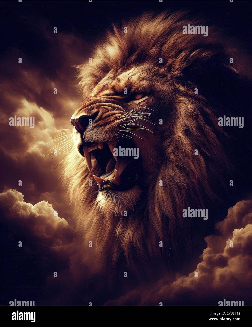 A majestic lion roaring against a dramatic, cloudy background. The lion ...