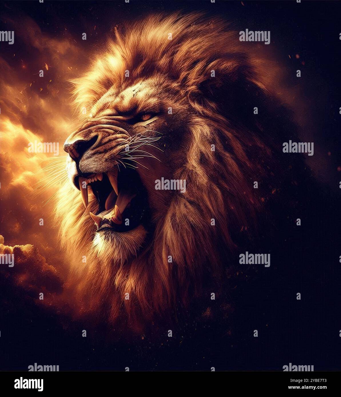 A majestic lion roaring with a fiery background, showcasing its ...