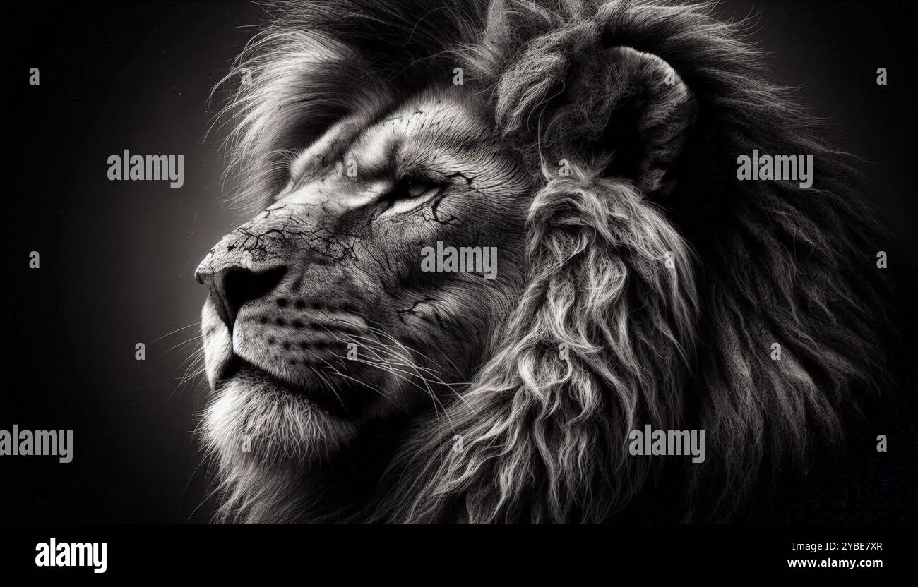 A majestic lion's profile in black and white, showcasing its detailed ...