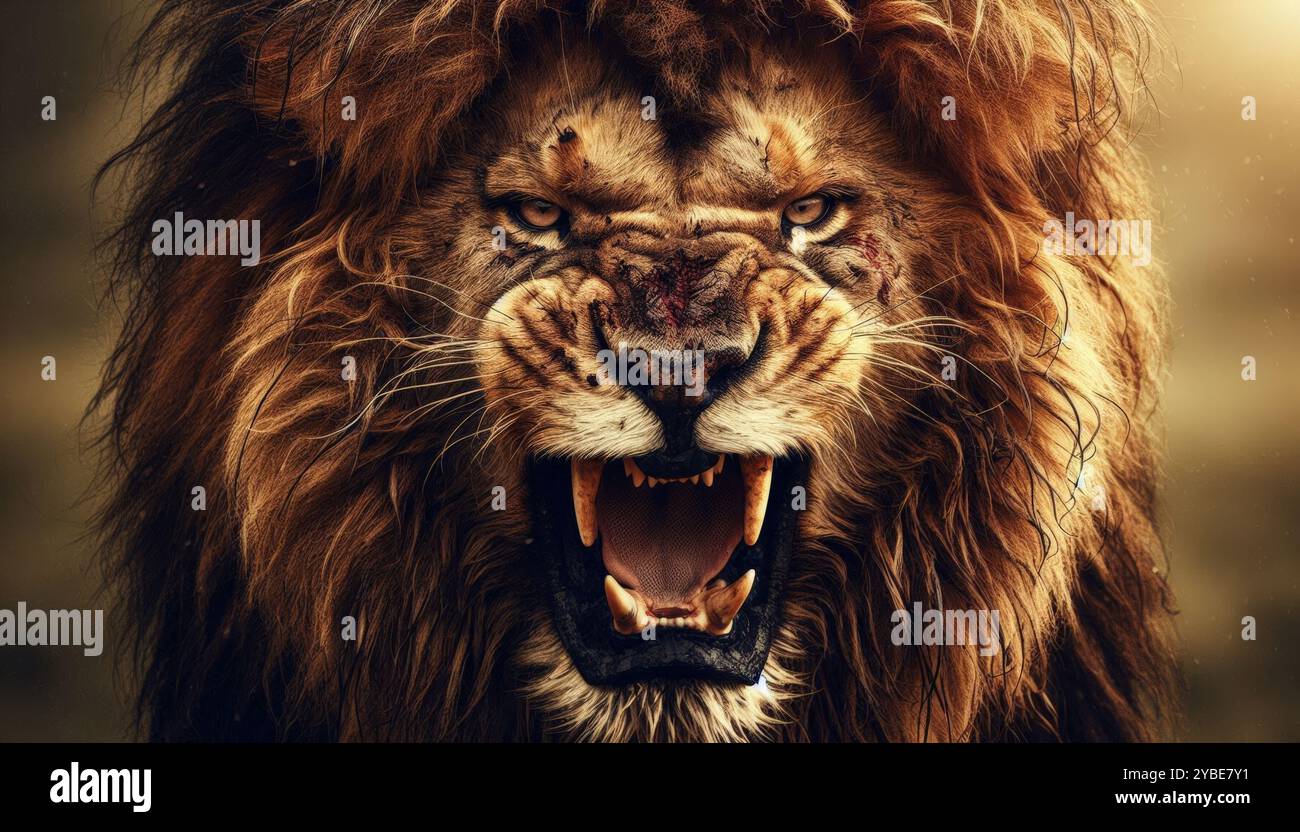 A close-up of a roaring lion with a majestic mane, showcasing its ...