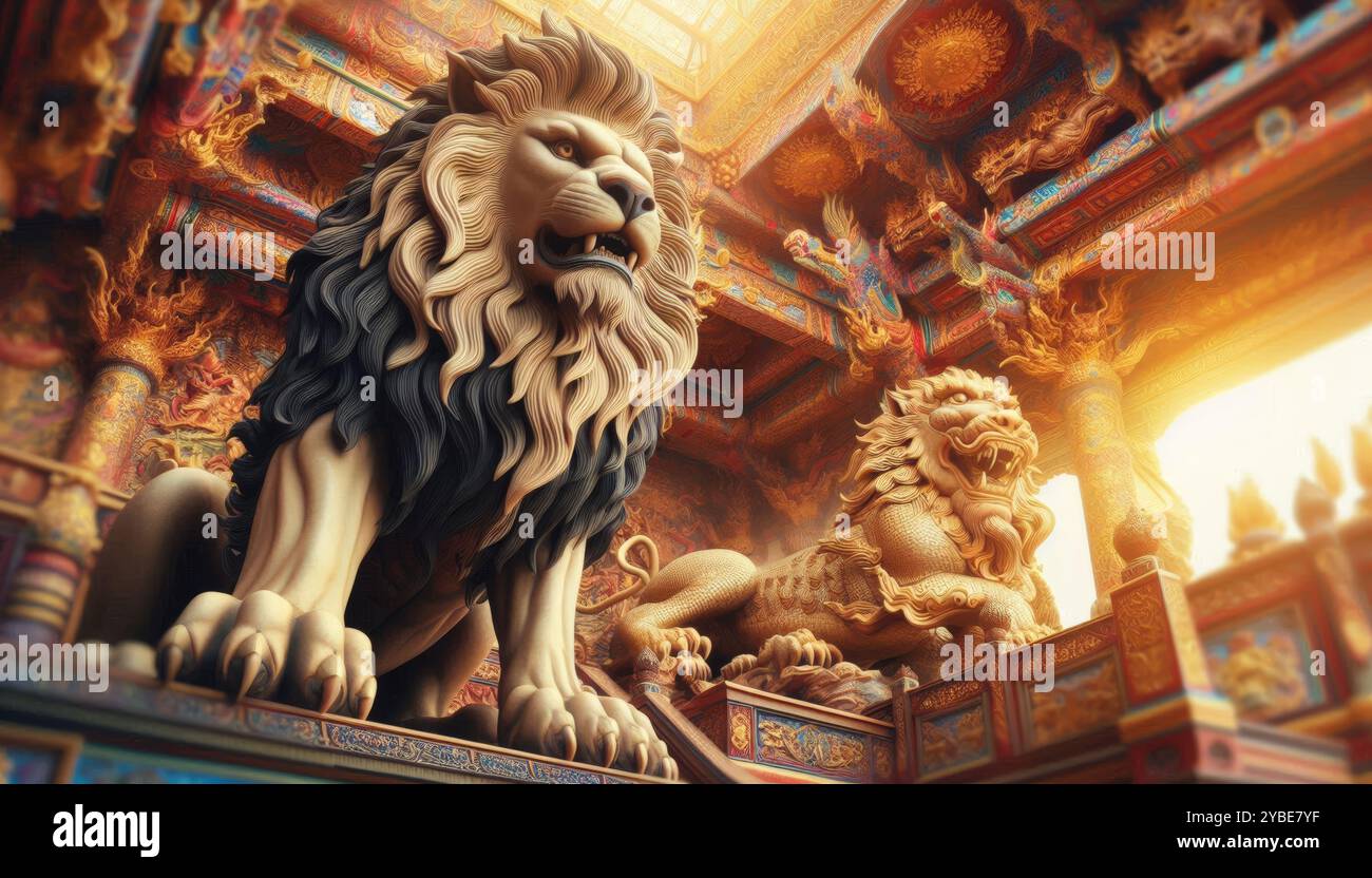 A majestic scene featuring two large, intricately designed lion statues ...