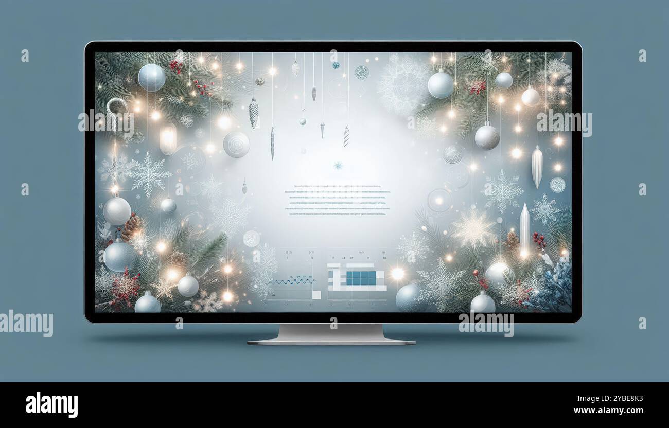 A modern computer monitor displaying a festive winter-themed background ...