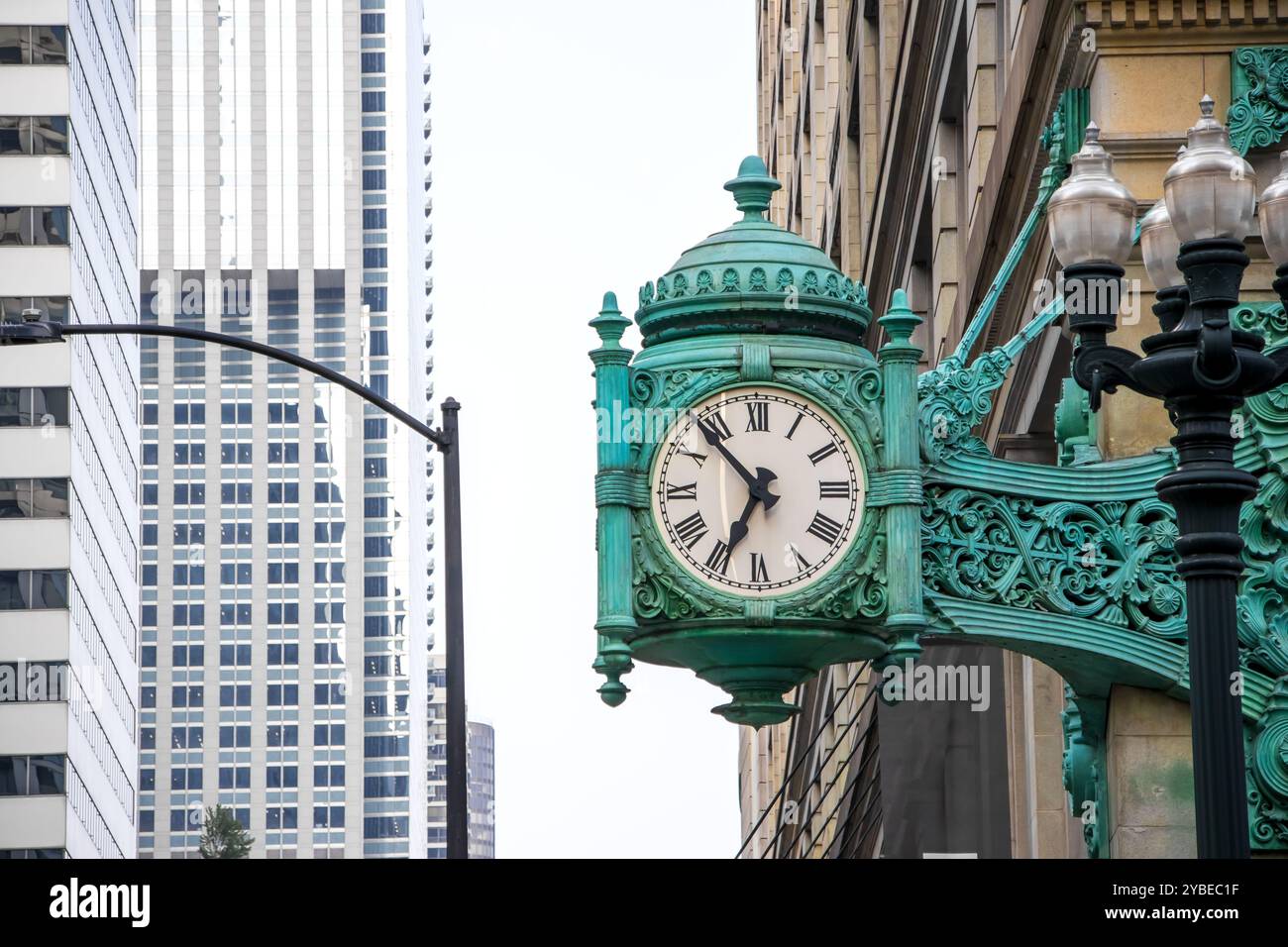Vintage Marshall Field's Clock in the street of downtown Chicago Stock ...