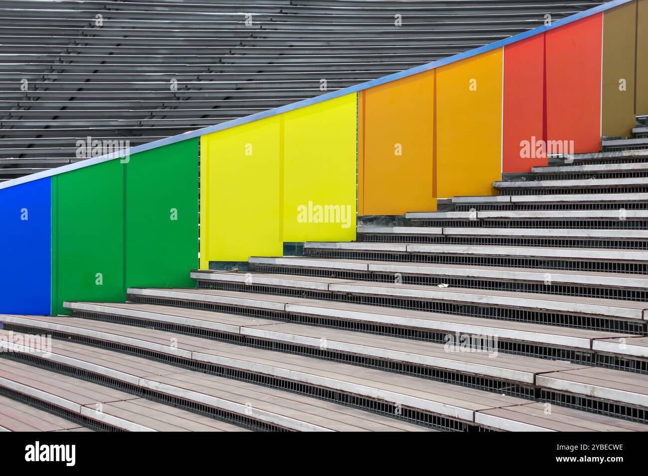 Metal stairs with colorful railing at navy Pier in Chicago downtown ...