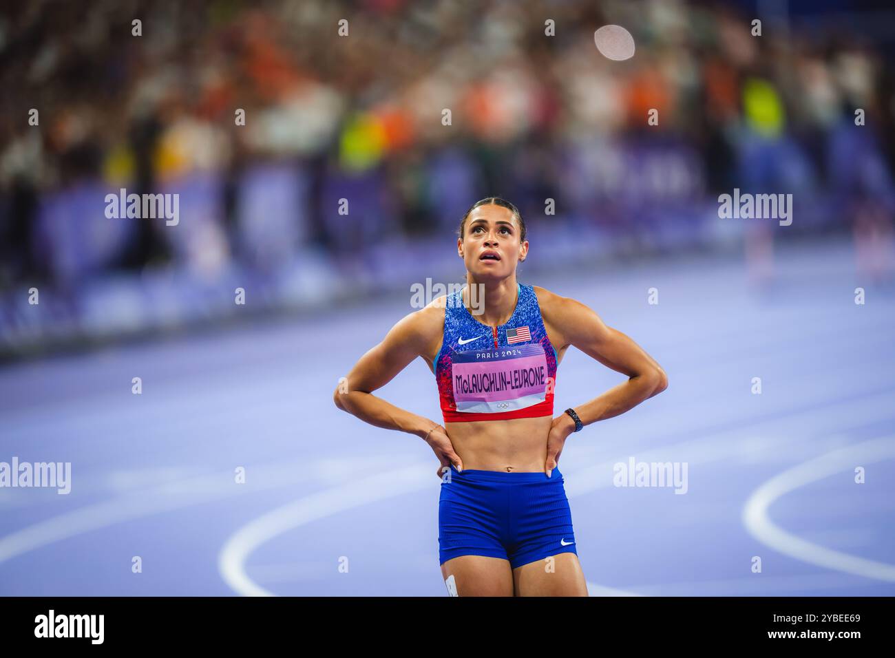 Sydney McLaughlin participating in the 400 meters hurdles at the Paris ...