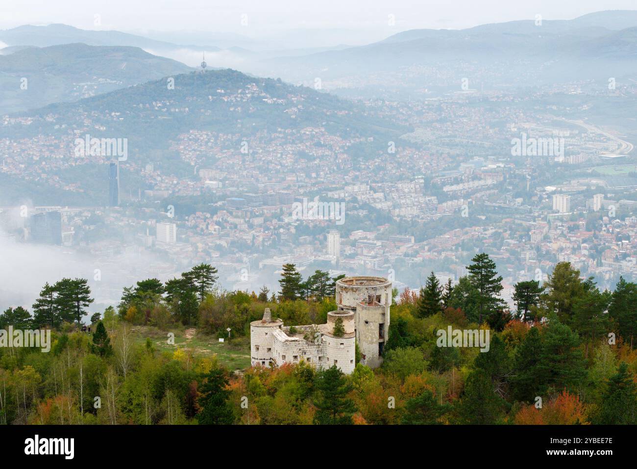 An aerial view of the ruins of Bistrik Tower, originally an Austro ...