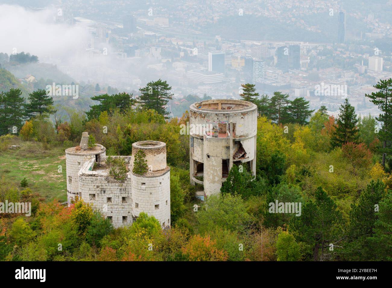 An aerial view of the ruins of Bistrik Tower, originally an Austro ...