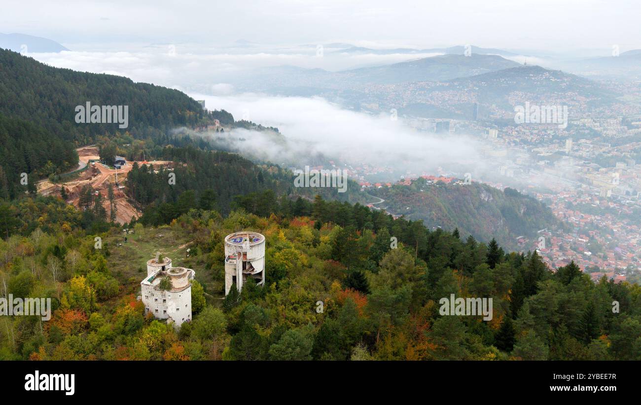 An aerial view of the ruins of Bistrik Tower, originally an Austro ...