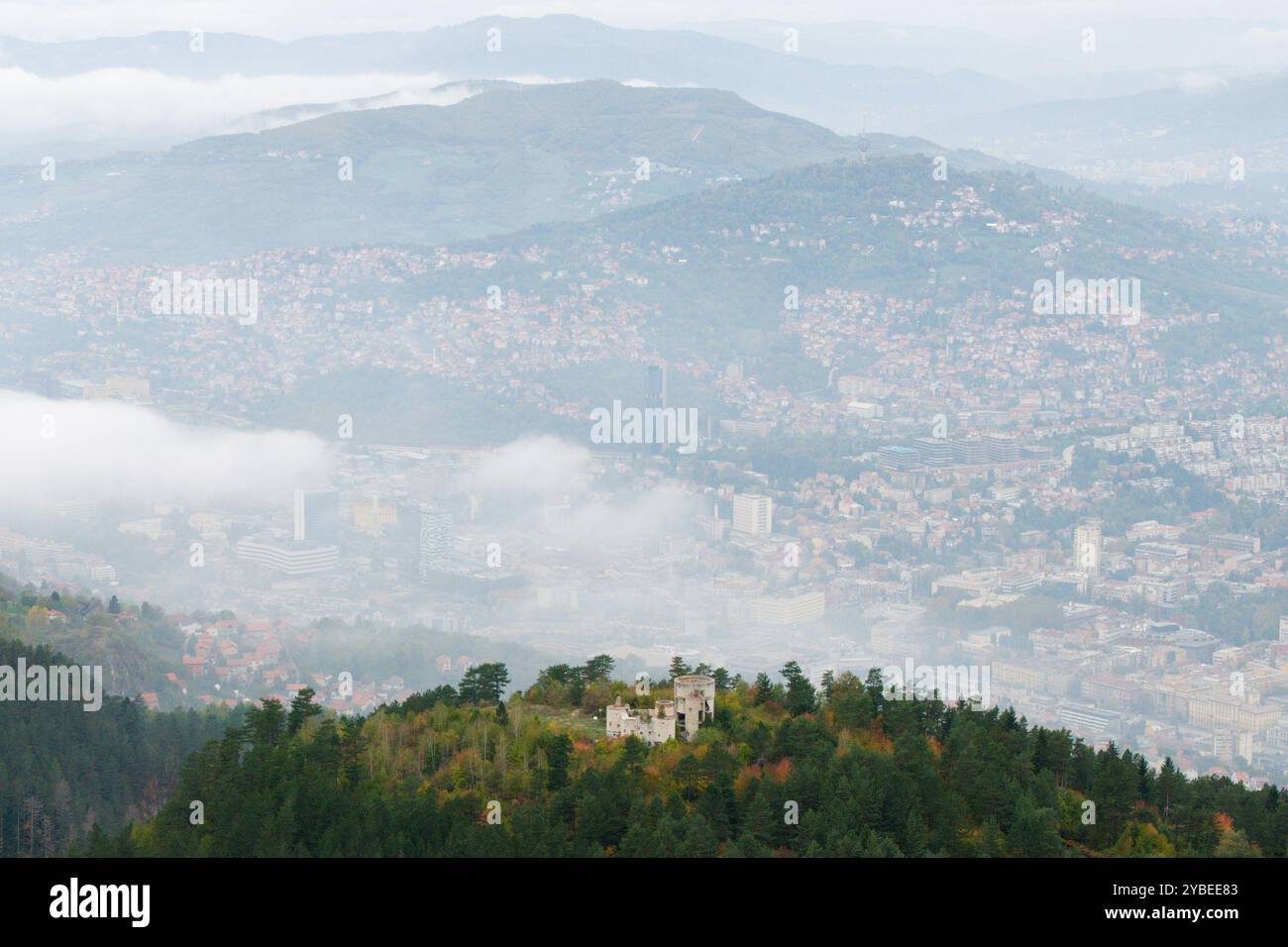 An aerial view of the ruins of Bistrik Tower, originally an Austro ...