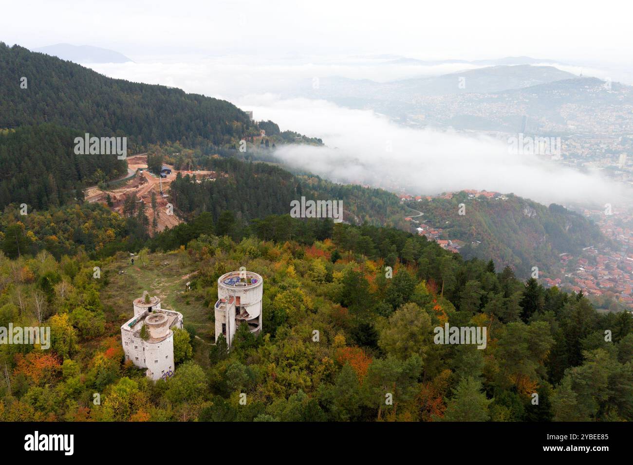 An aerial view of the ruins of Bistrik Tower, originally an Austro ...
