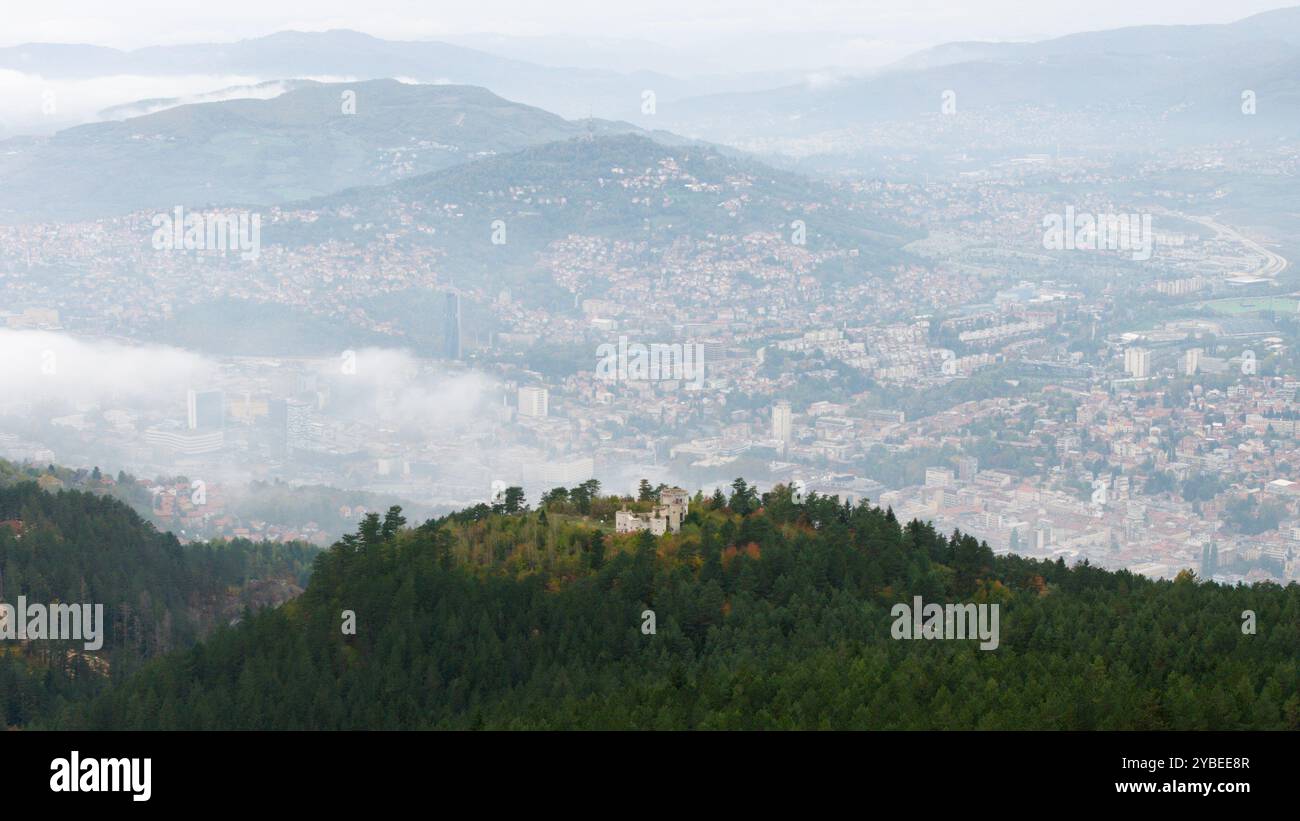 An aerial view of the ruins of Bistrik Tower, originally an Austro ...
