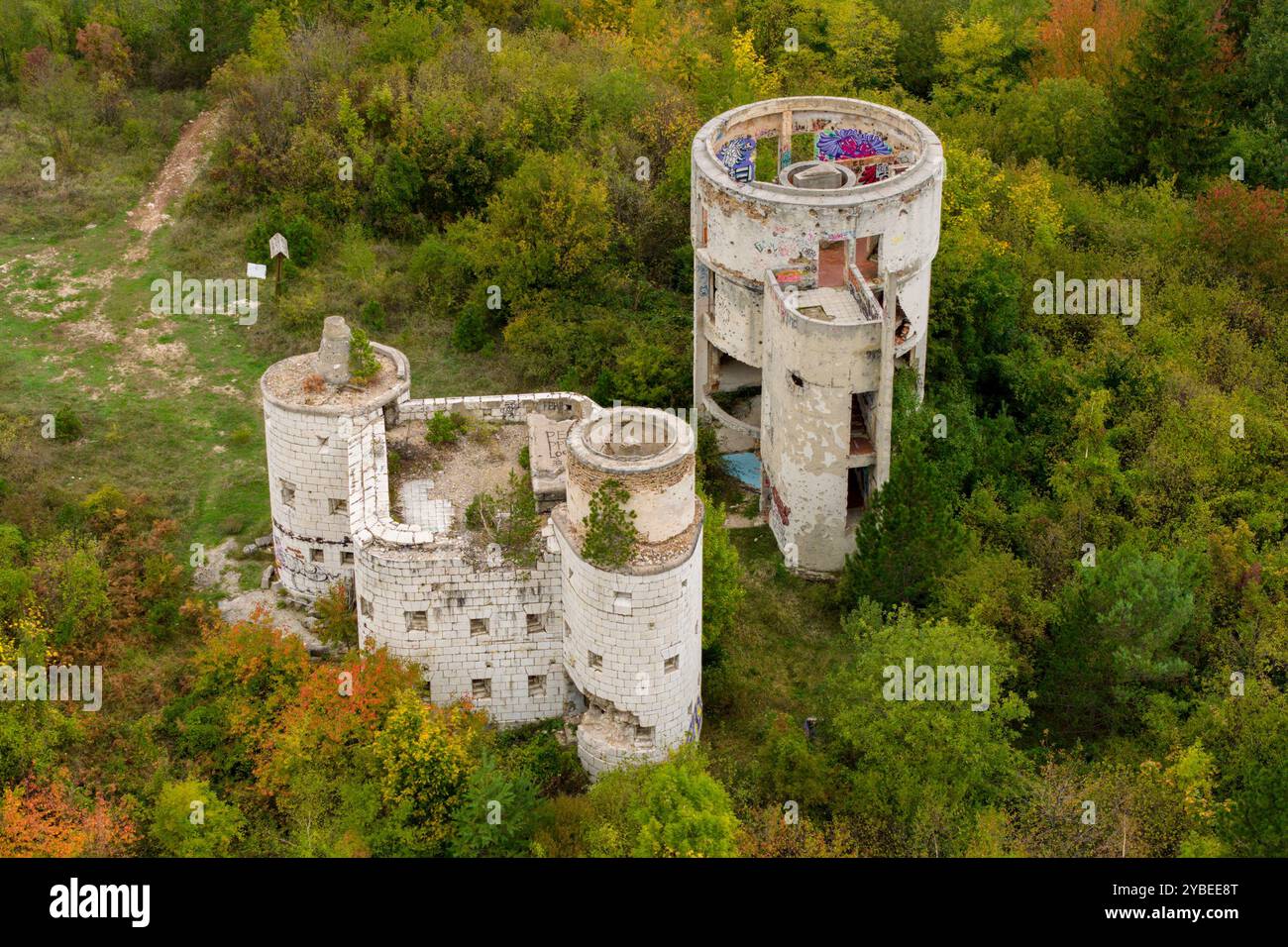 An aerial view of the ruins of Bistrik Tower, originally an Austro ...