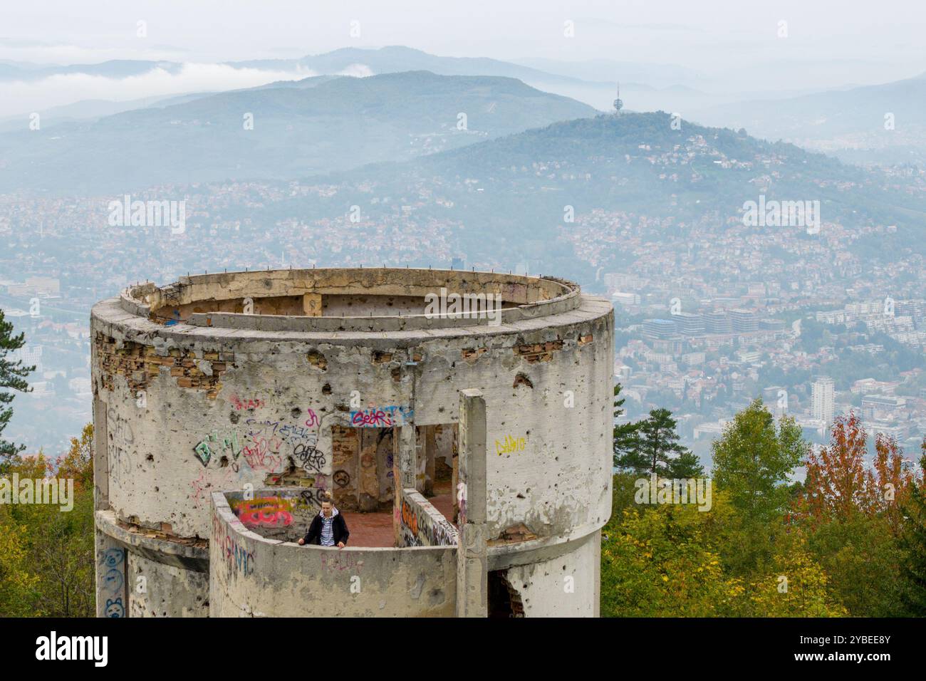 An aerial view of the ruins of Bistrik Tower, originally an Austro ...