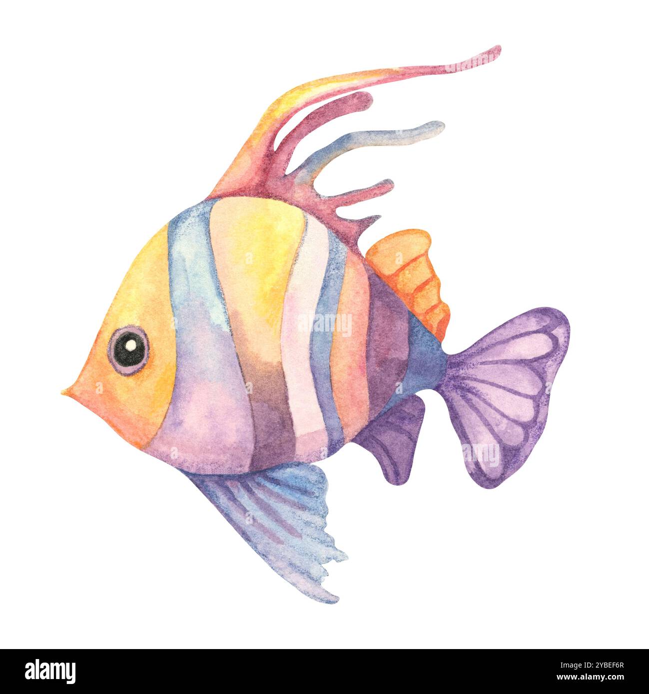 A vibrant fish with purple and yellow fins in watercolor. This tropical ...
