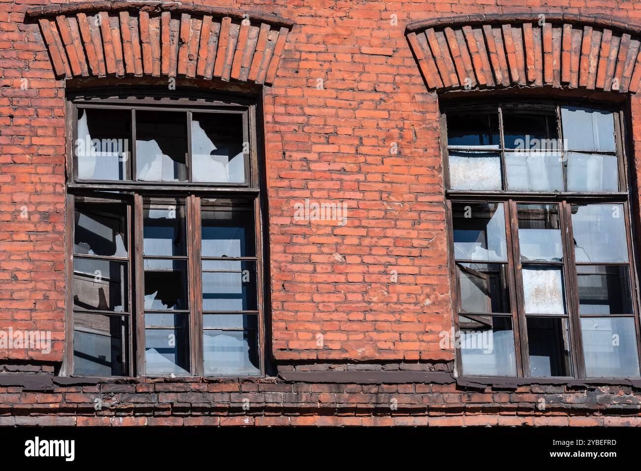 industrial background, windows of abandoned vintage factory building ...