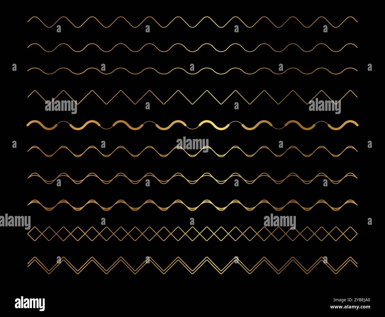 Gold Zigzag Wave Line Border Frame Element Set on Black Background ...