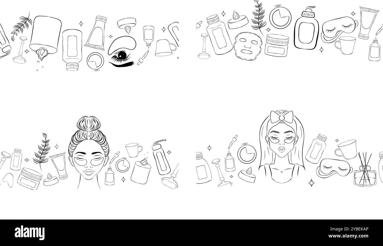 skin care bottles and tools seamless border set. Isolated vector ...