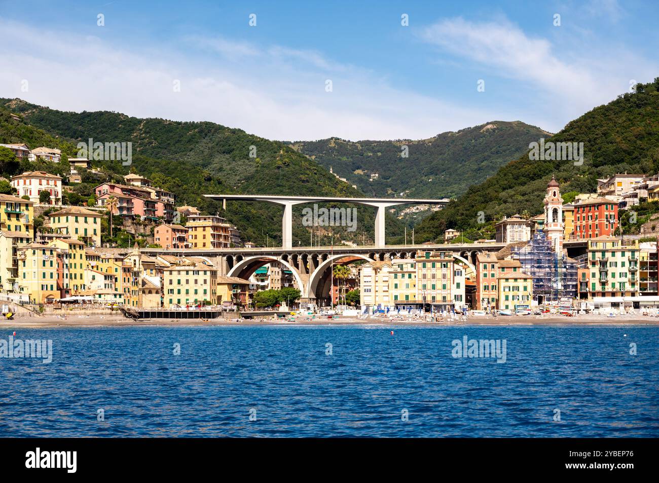 Mediterranean sea coast and traditional colorful buildings in Sori town ...