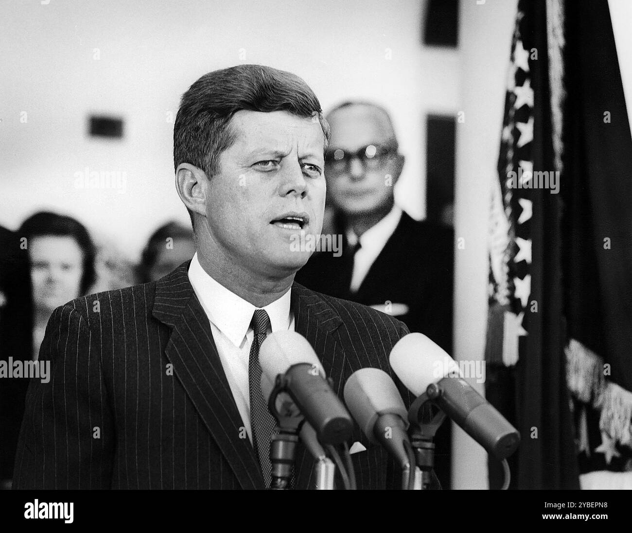 U.S. President John F. Kennedy delivering remarks at military reception ...