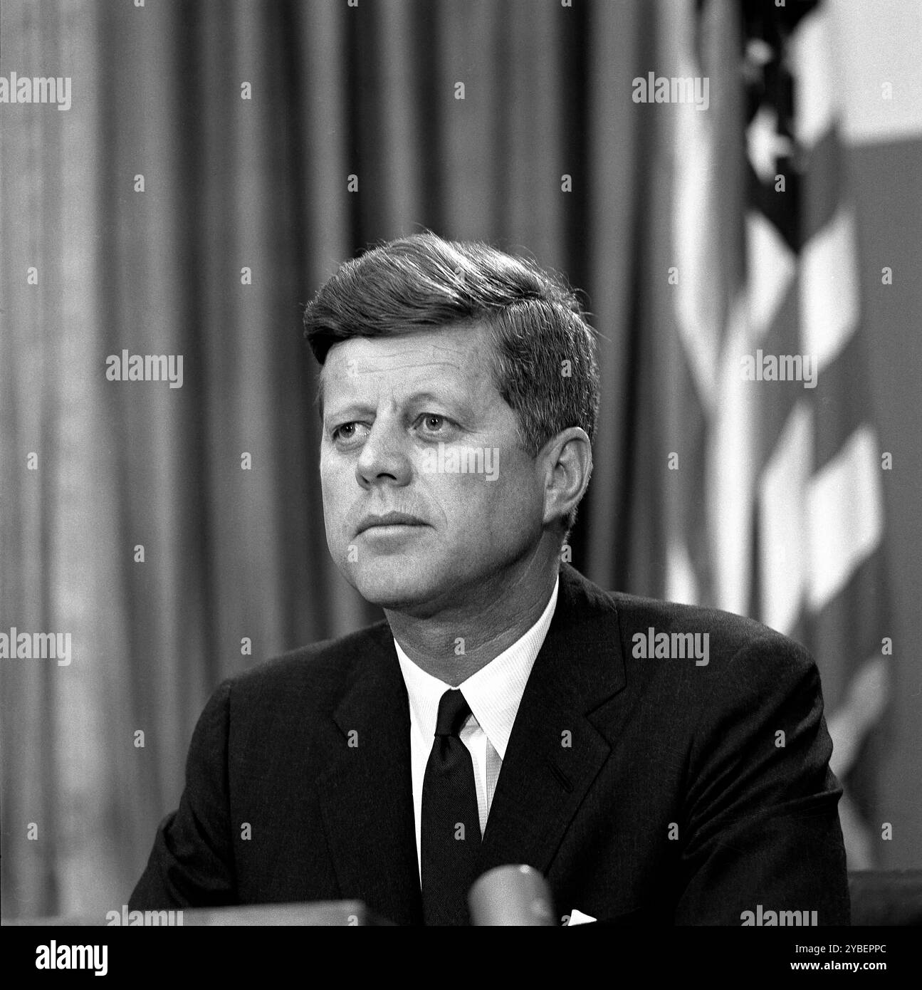 U.S. President John F. Kennedy delivering radio and television address ...