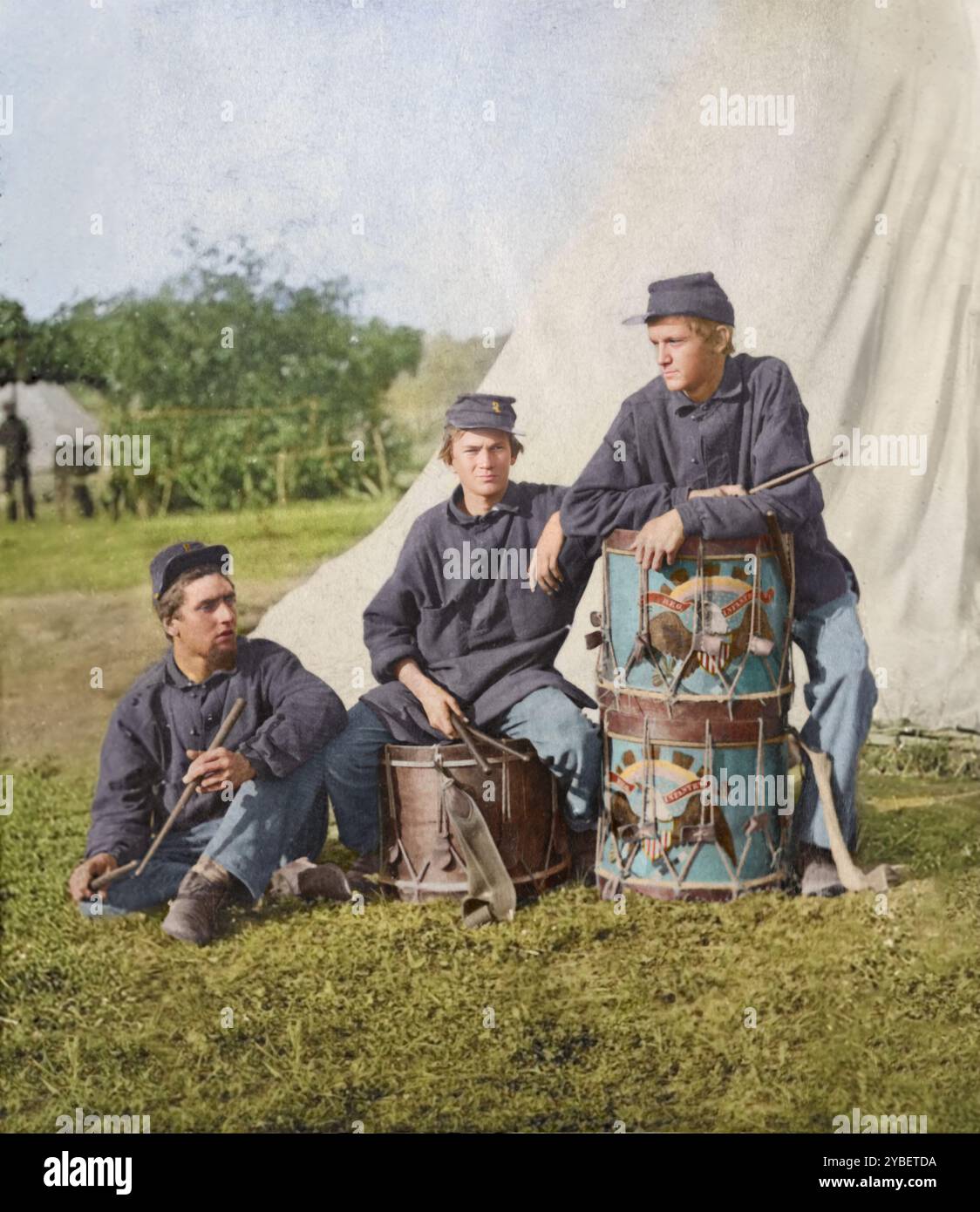 Three drummer boys pose for a photograph from the field Band of the 2nd ...