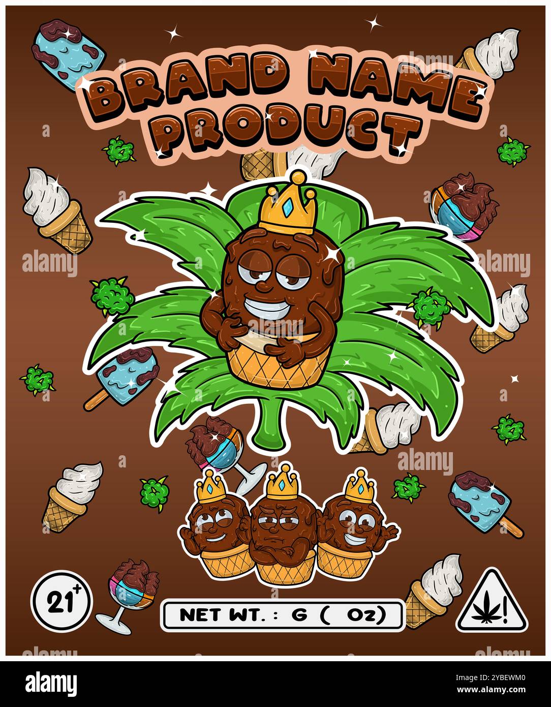 Cartoon ice cream flavor with cannabis leaf, designed for logo, label ...