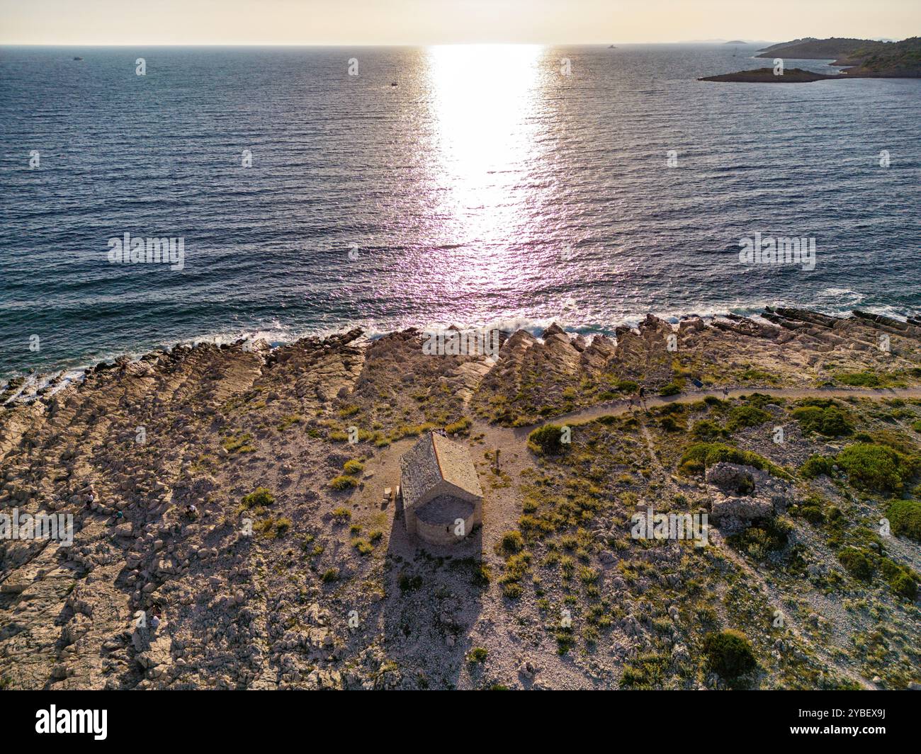 Drone view of beautiful, rough coast of Punta Planka, Croatia with old ...