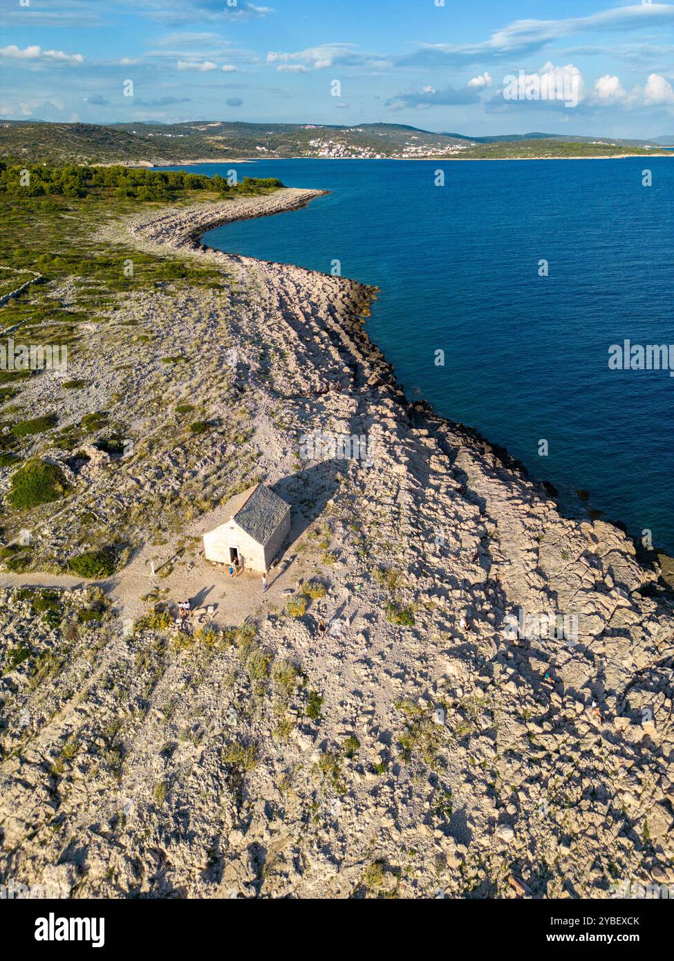 Drone view of beautiful, rough coast of Punta Planka, Croatia with old ...