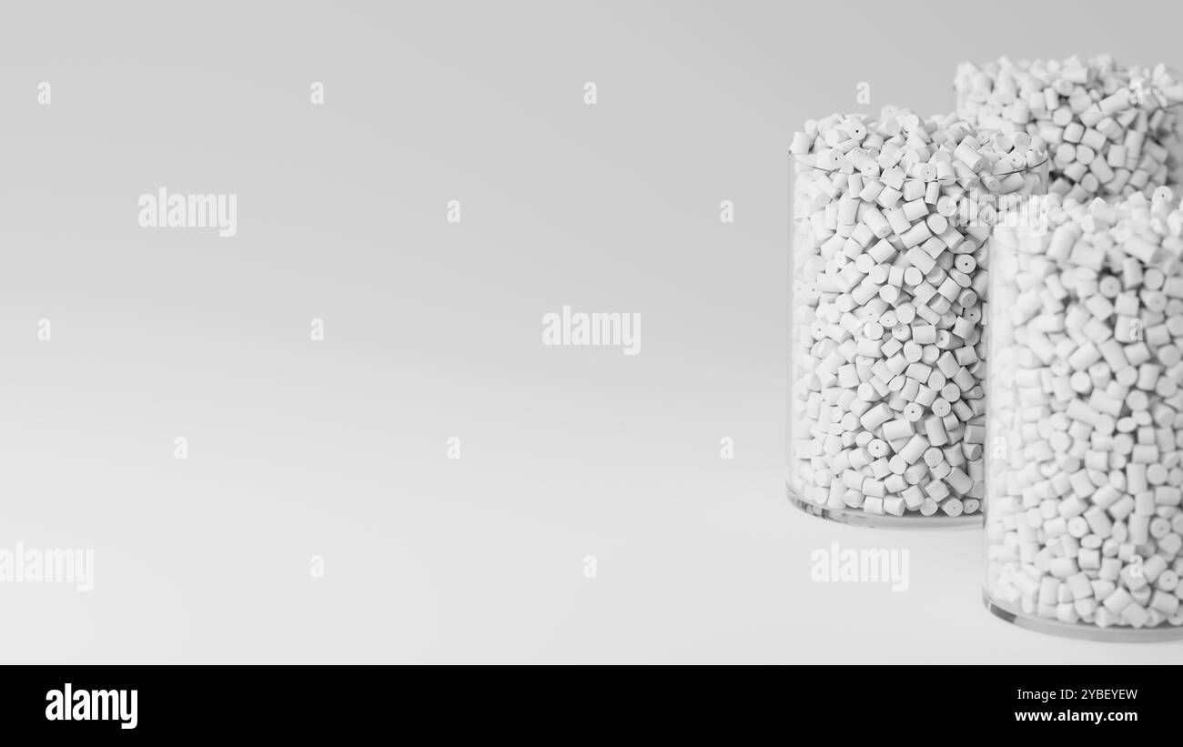 Side view on three glasses with white plastic polypropylene granules ...