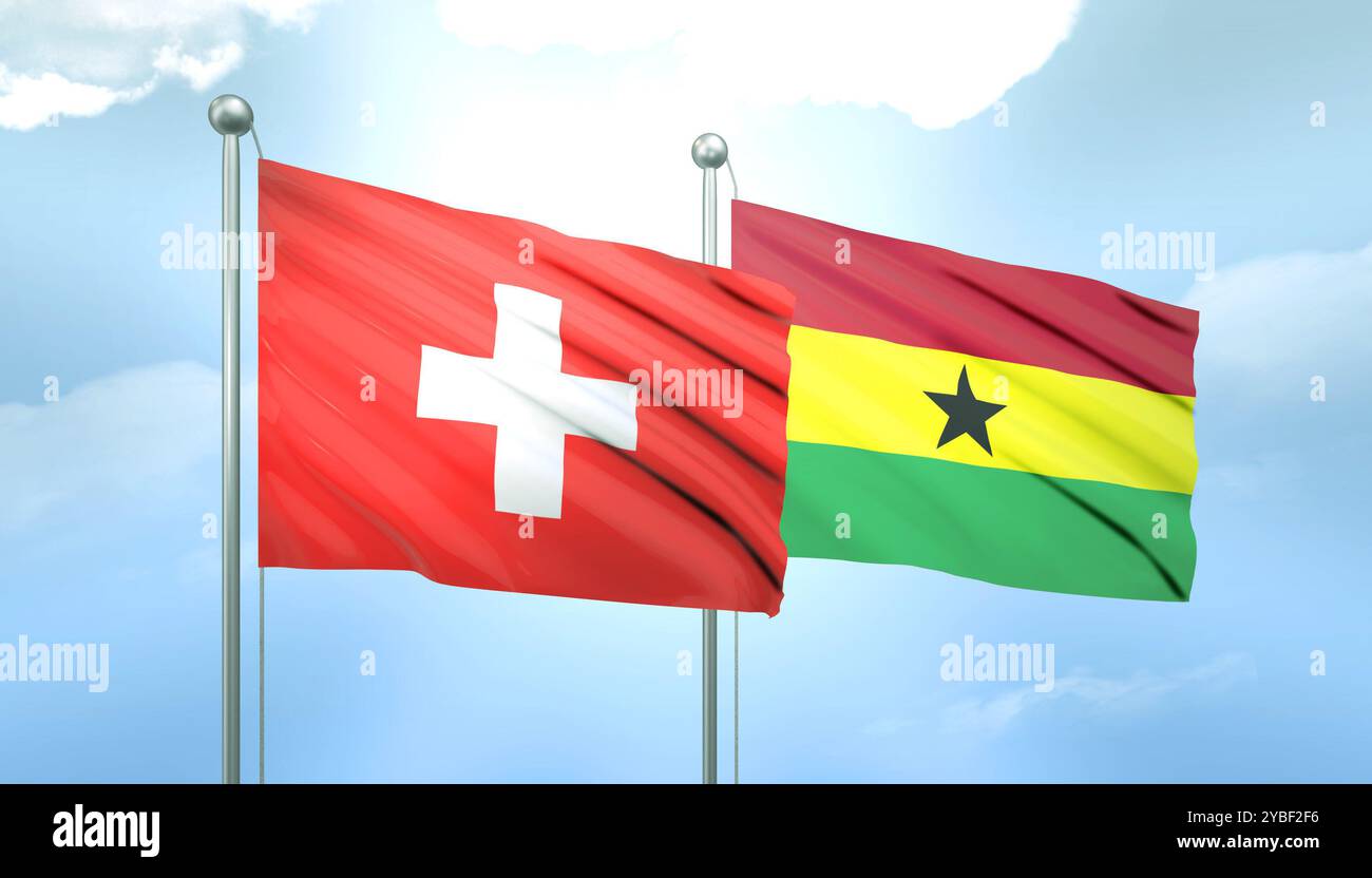 3D Flag of Switzerland and Ghana on Blue Sky with Sun Shine Stock Photo ...