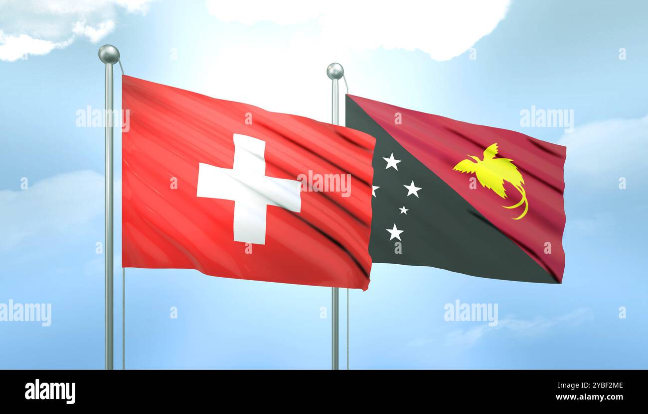 3D Flag of Switzerland and Papua New Guinea on Blue Sky with Sun Shine ...