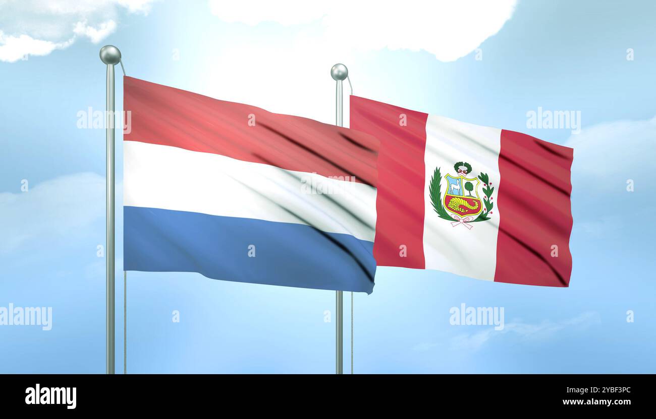 3D Flag of Netherlands and Peru on Blue Sky with Sun Shine Stock Photo ...