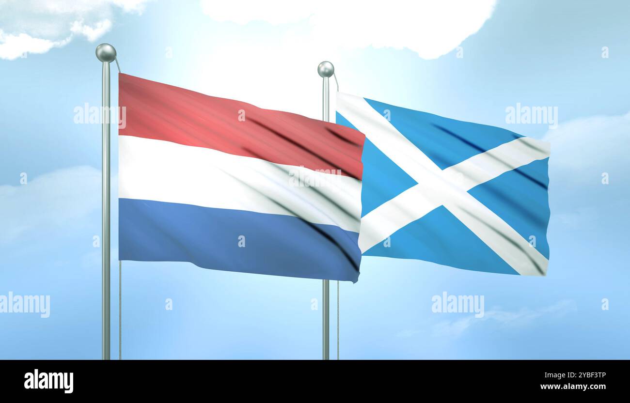 3D Flag of Netherlands and Scotland on Blue Sky with Sun Shine Stock ...