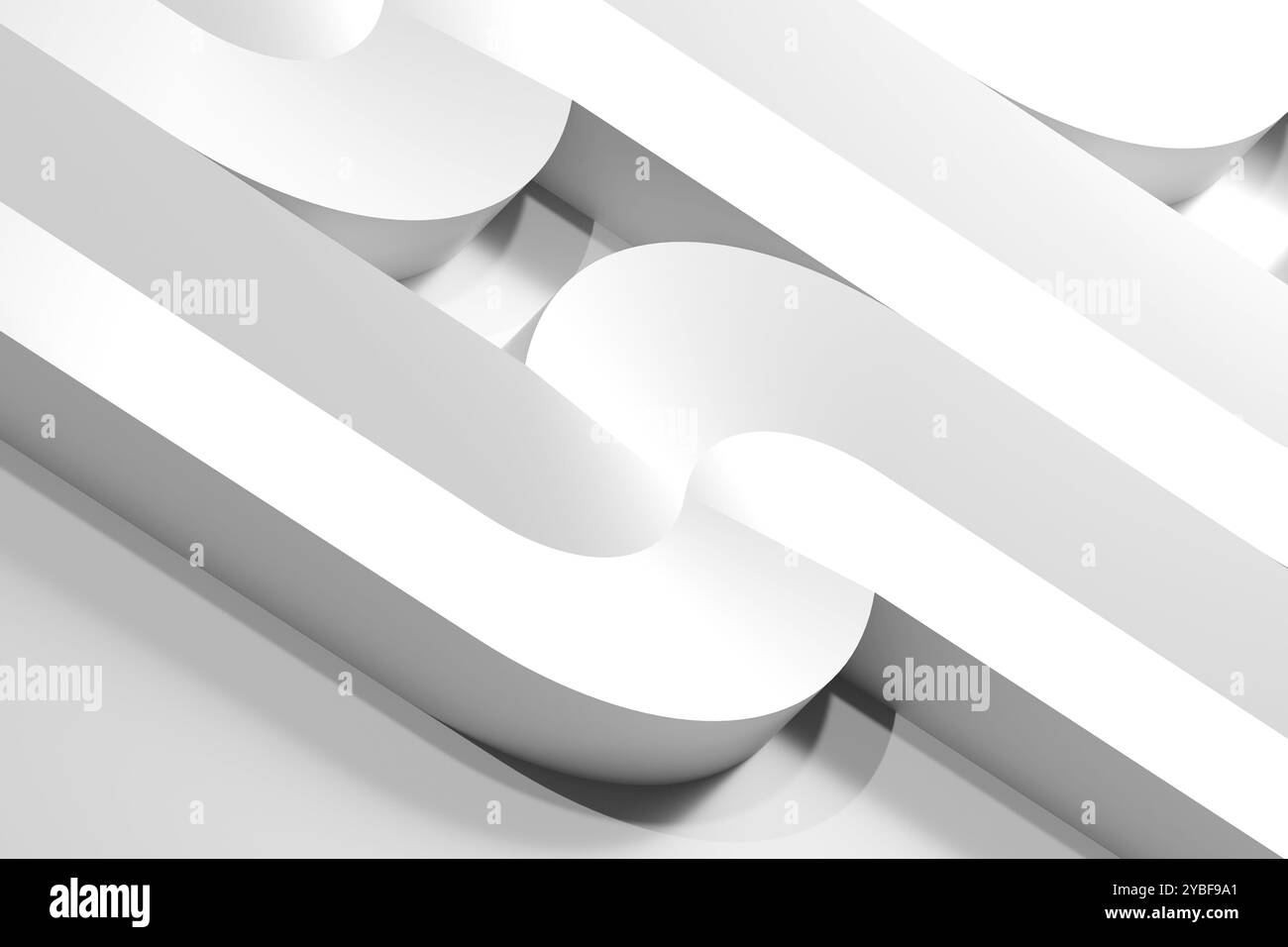 Abstract white background with installation of bent geometric structures, 3d rendering ...