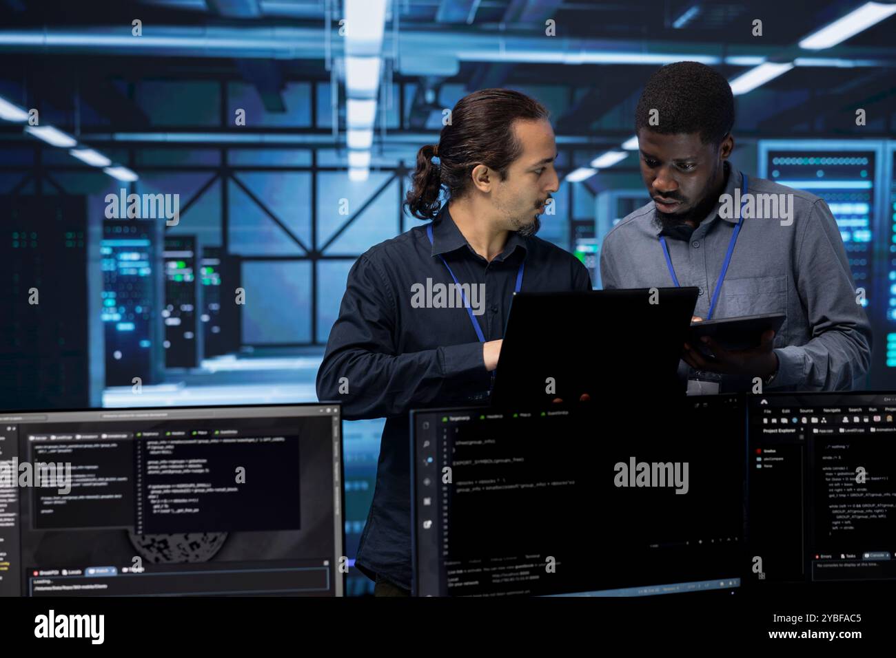 Teamworking Admins In Server Farm Checking Recovery Plan Monitoring Energy Consumption