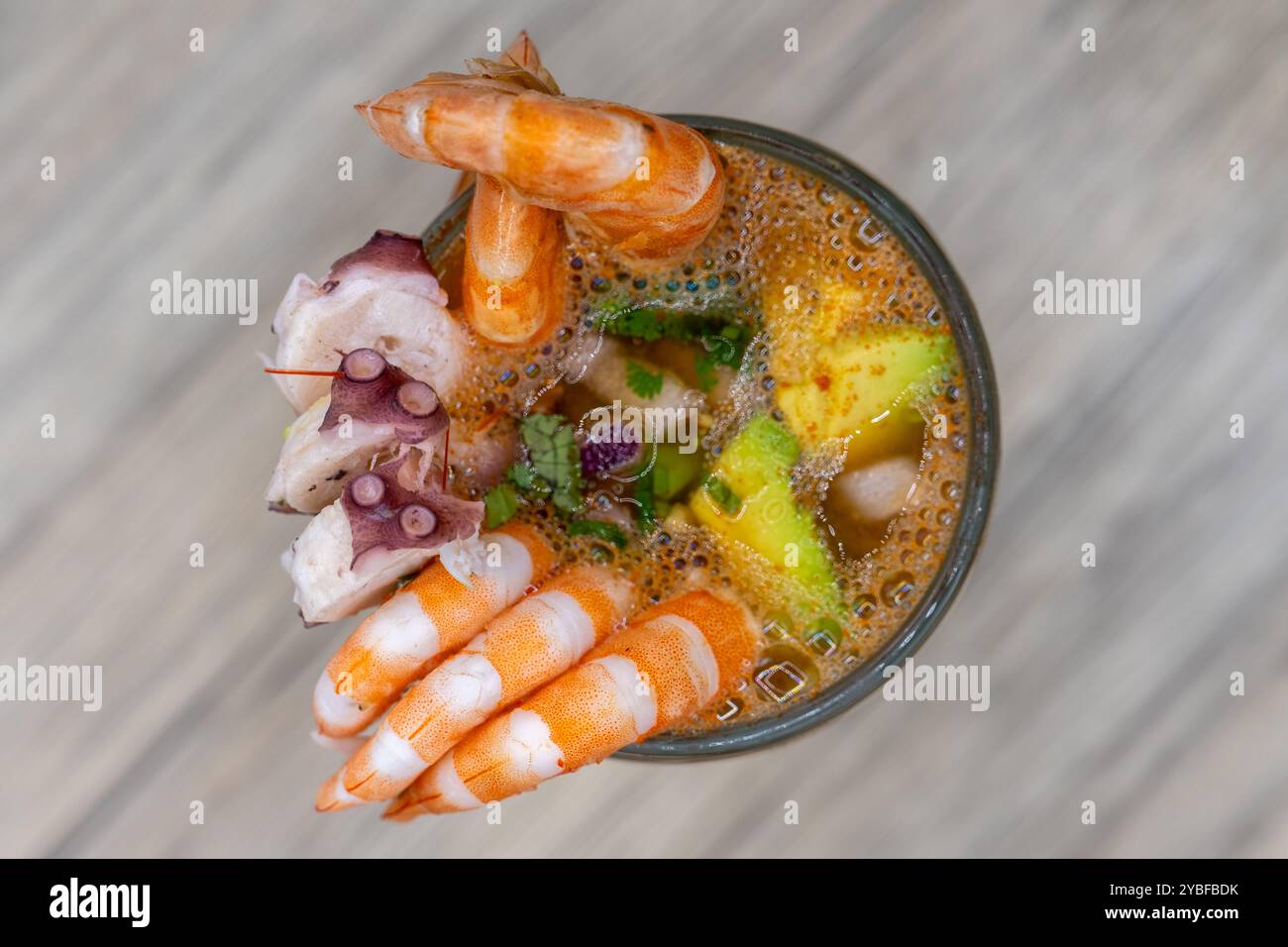 Overhead view of delicious looking consome perron shrimp cocktail with ...