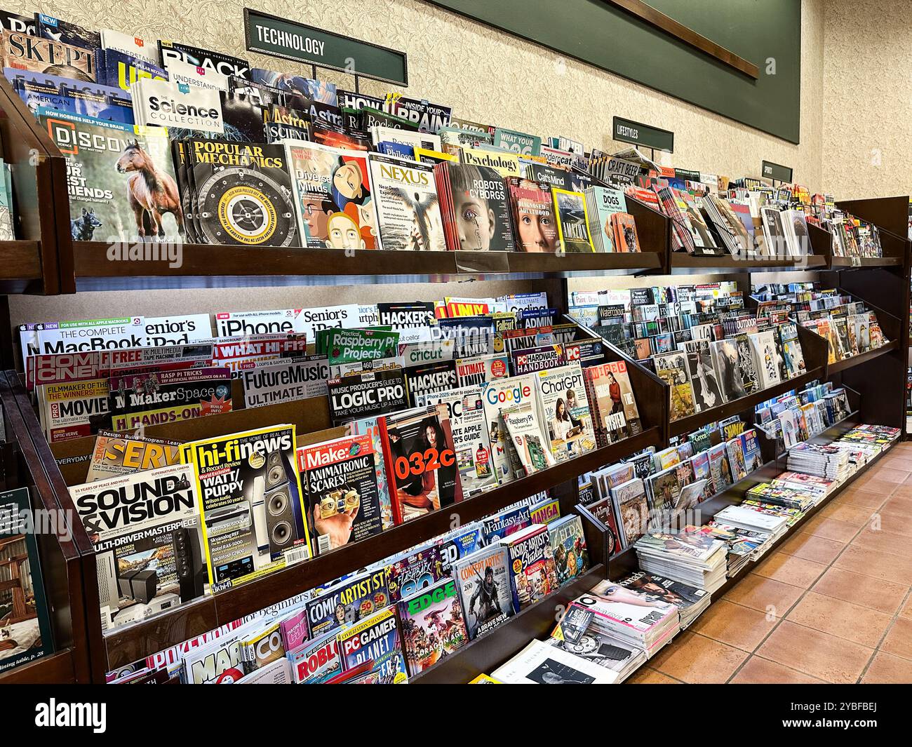 A view of technology magazines on display shelves at the Barnes and ...