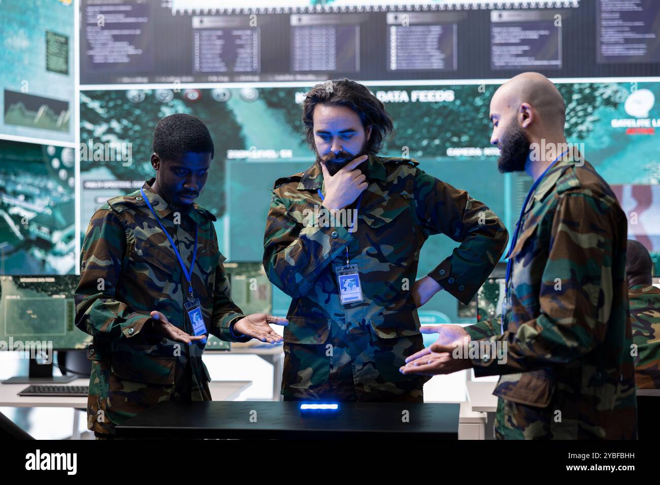 Squad of diverse troopers reviewing crucial real time data on a ...