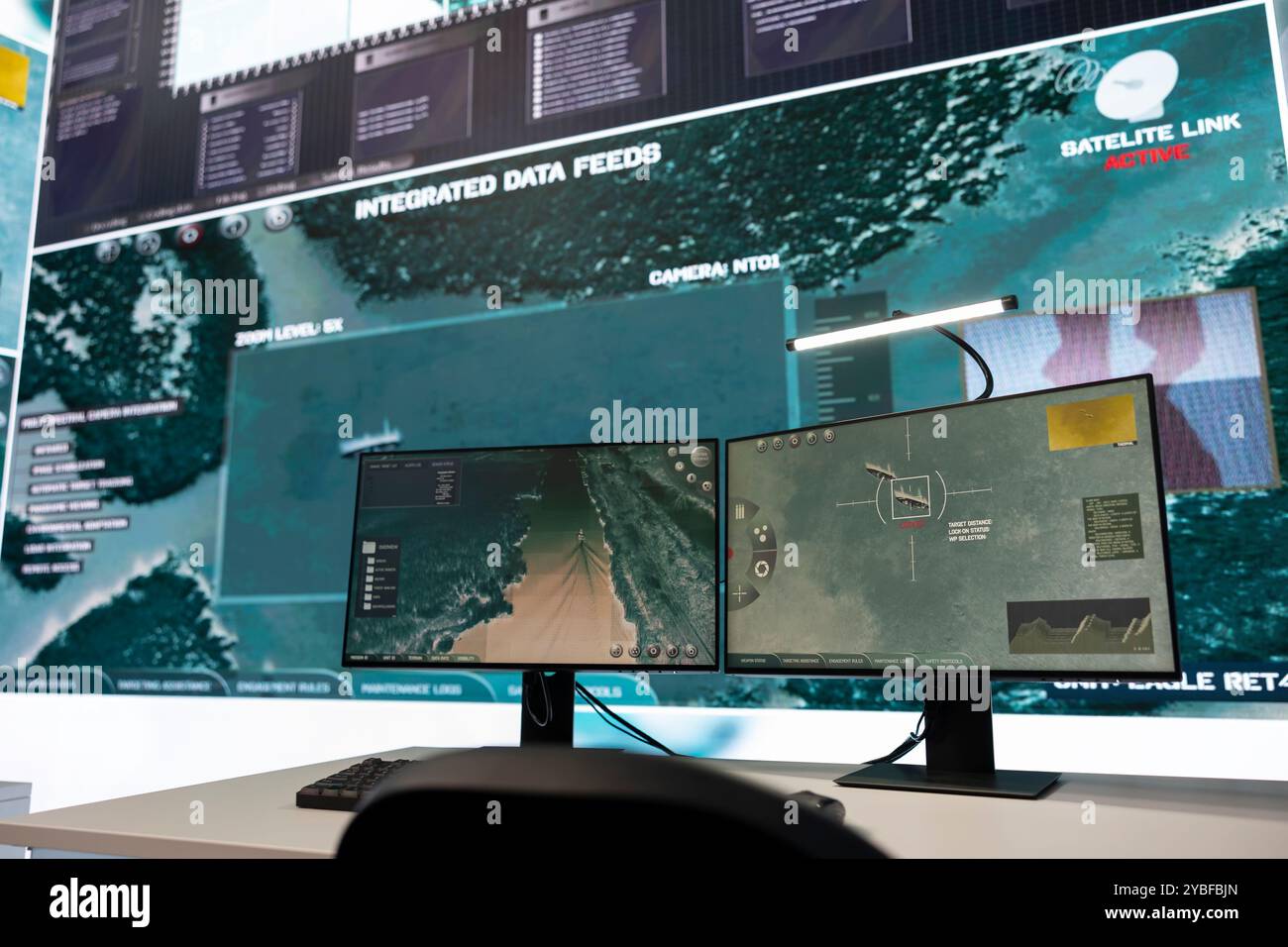 Government anti terrorism control room equipped with a big screen and ...