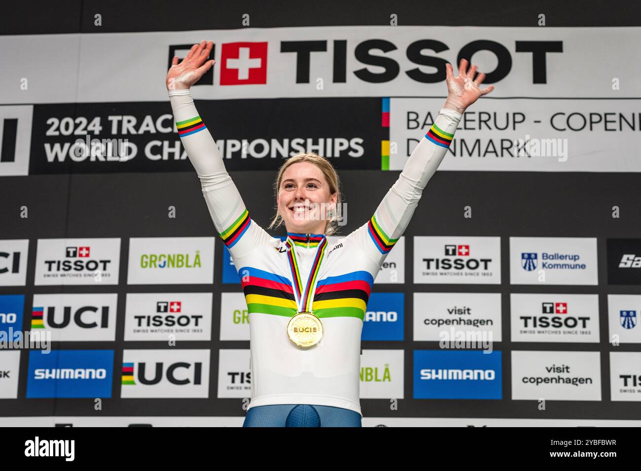 Britain's Emma Finucane poses during the medal ceremony after the women ...