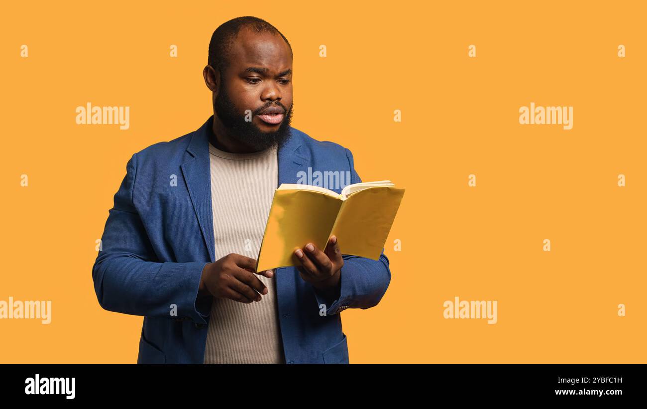 Man reading book aloud, narrating story for audience. Person enjoying ...