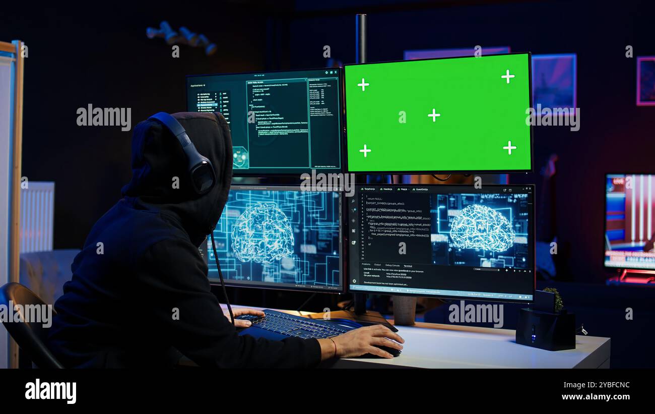 Cybercriminal using AI machine learning and isolated screen PC to develop system exploits ...