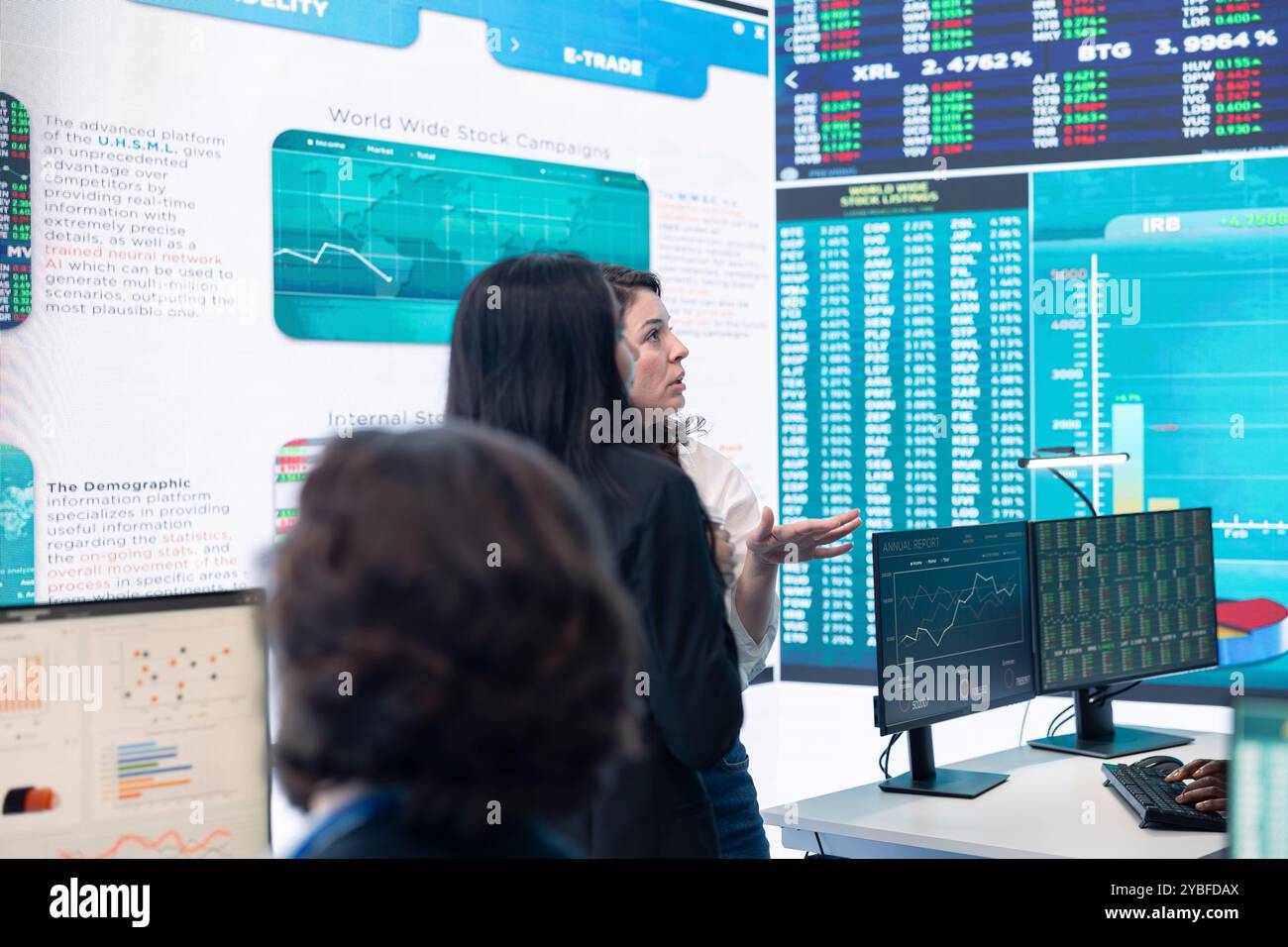 Professional forecast affiliates group work in monitoring room, making ...