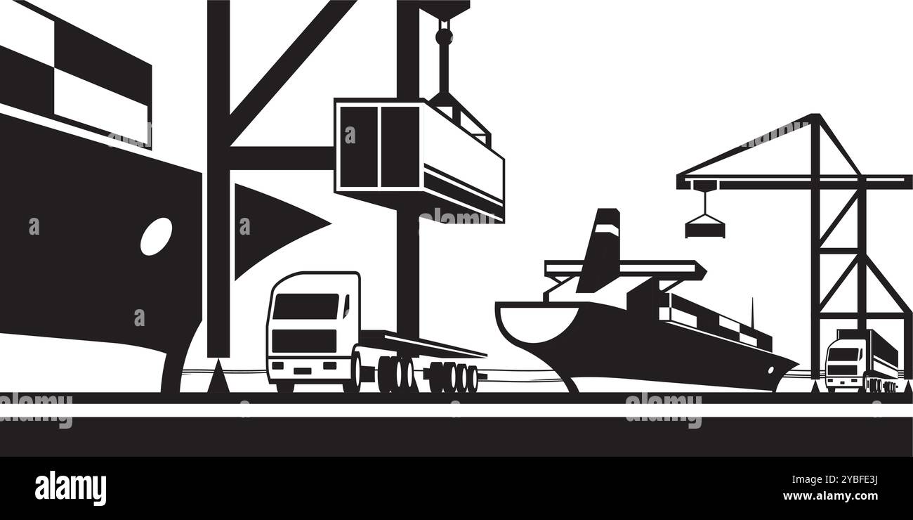 Port crane loading industrial ships with cargo containers – vector ...