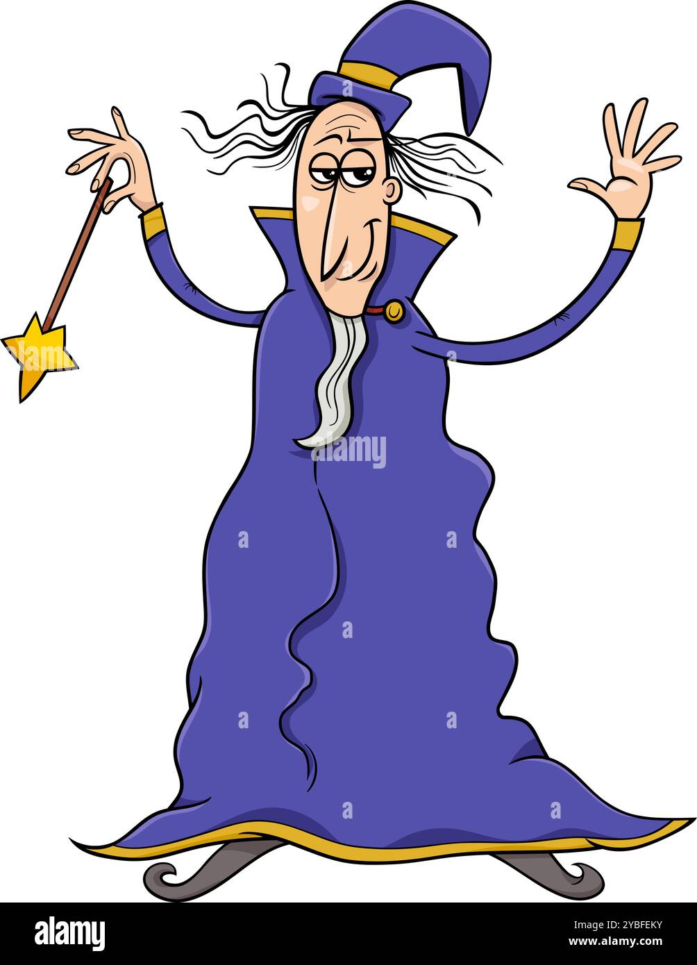 Cartoon illustration of wizard or sorcerer fantasy character casting a ...